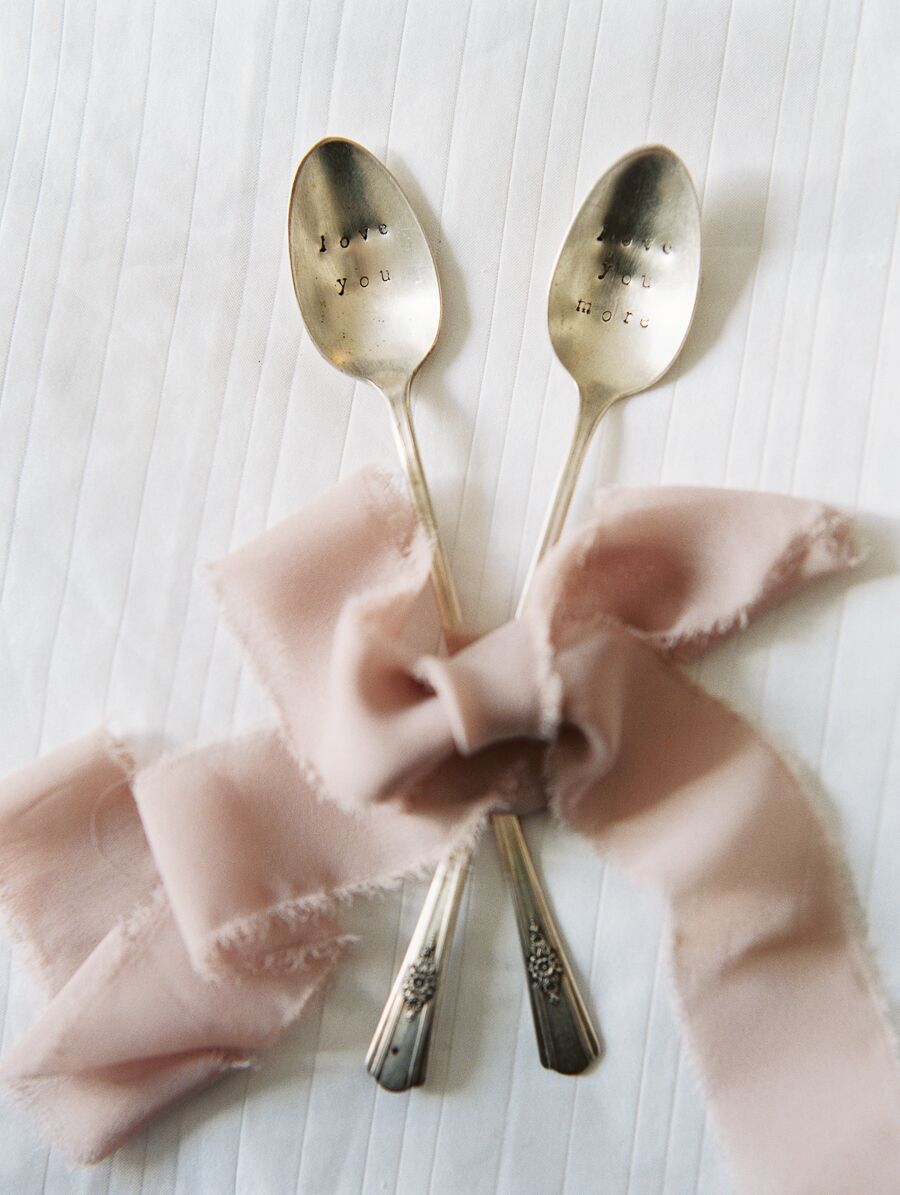 Personalized Silver Spoons With Blush Ribbon