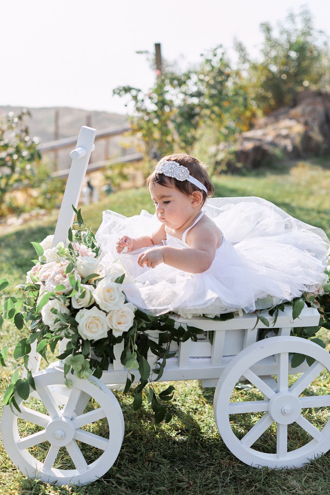 Newborn Baby Baby Flower Girl Wagon Flower Girl In White Flower-Covered ...