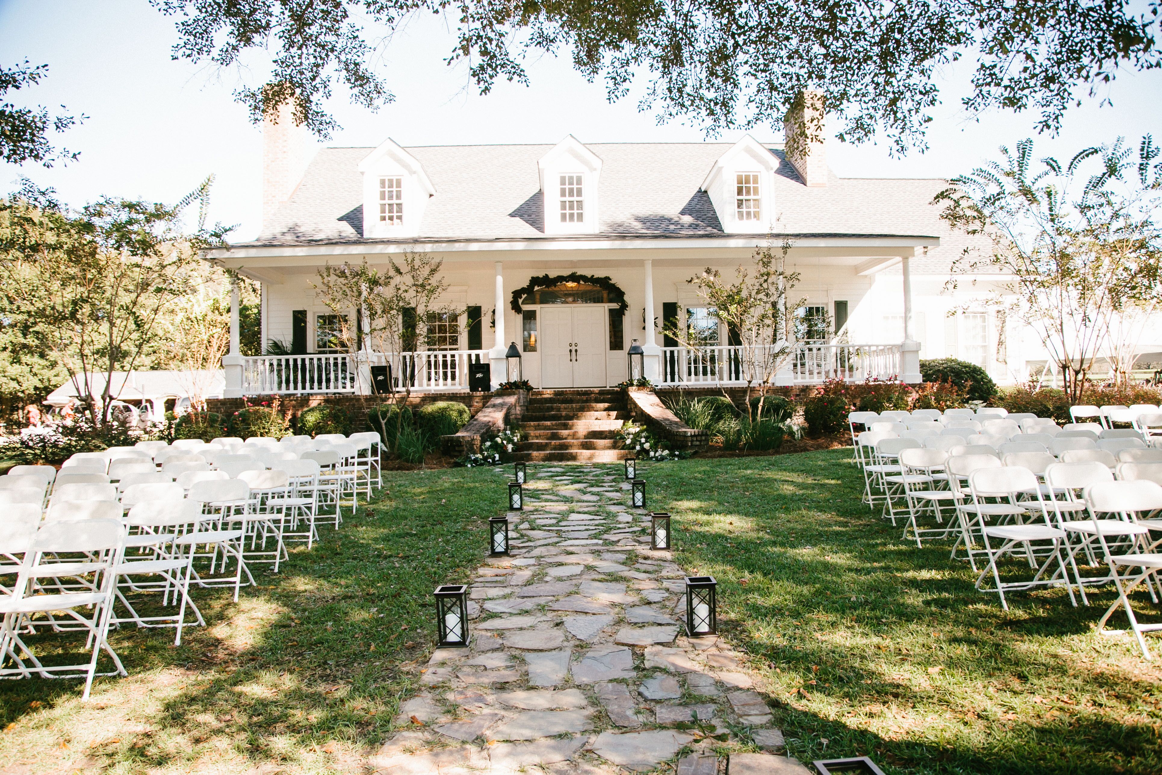 Front Yard Reception with Antique Church Pew Seating
