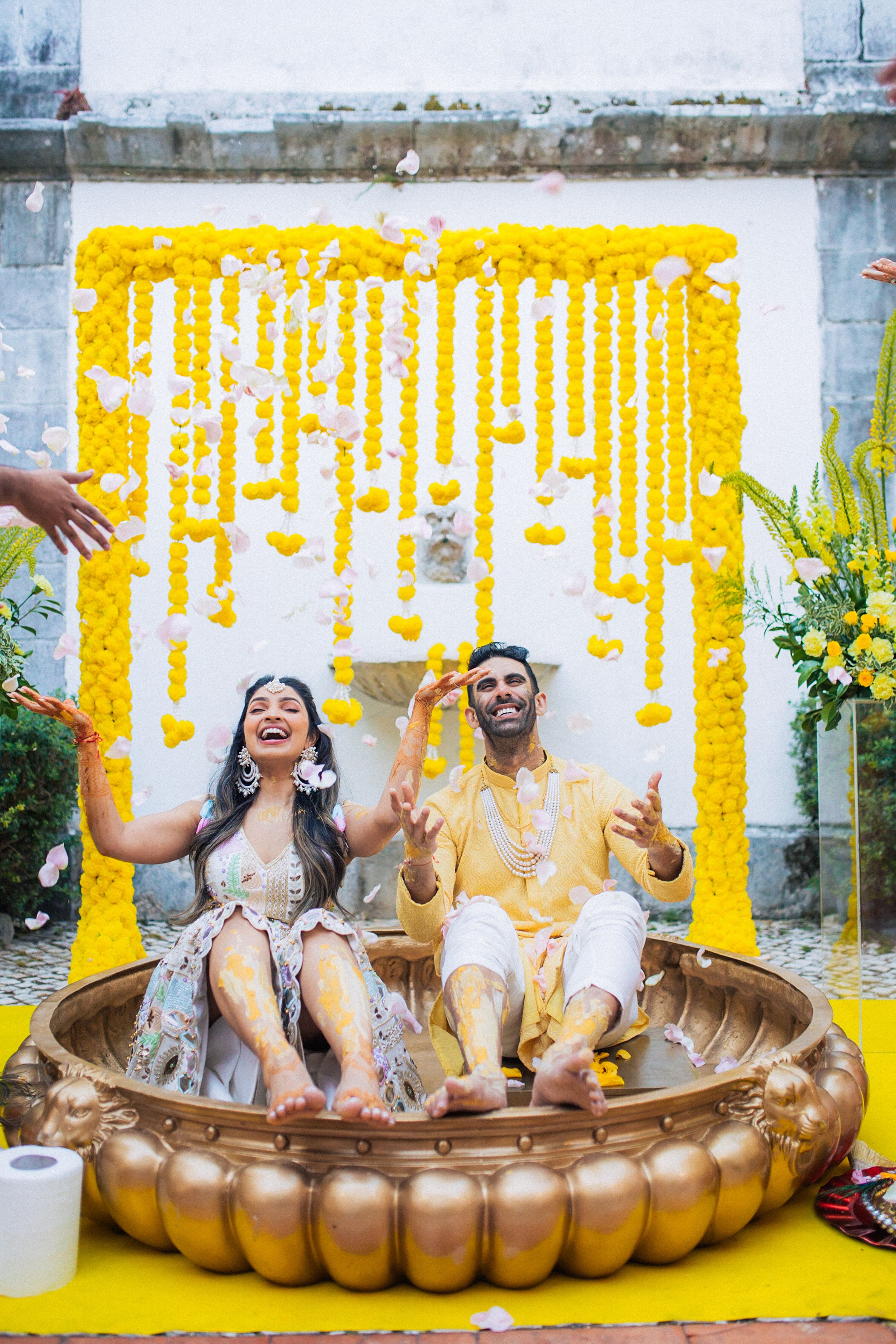 Couple in Golden Basin, Yellow Flowers, Covered in Tumeric for Haldi ...