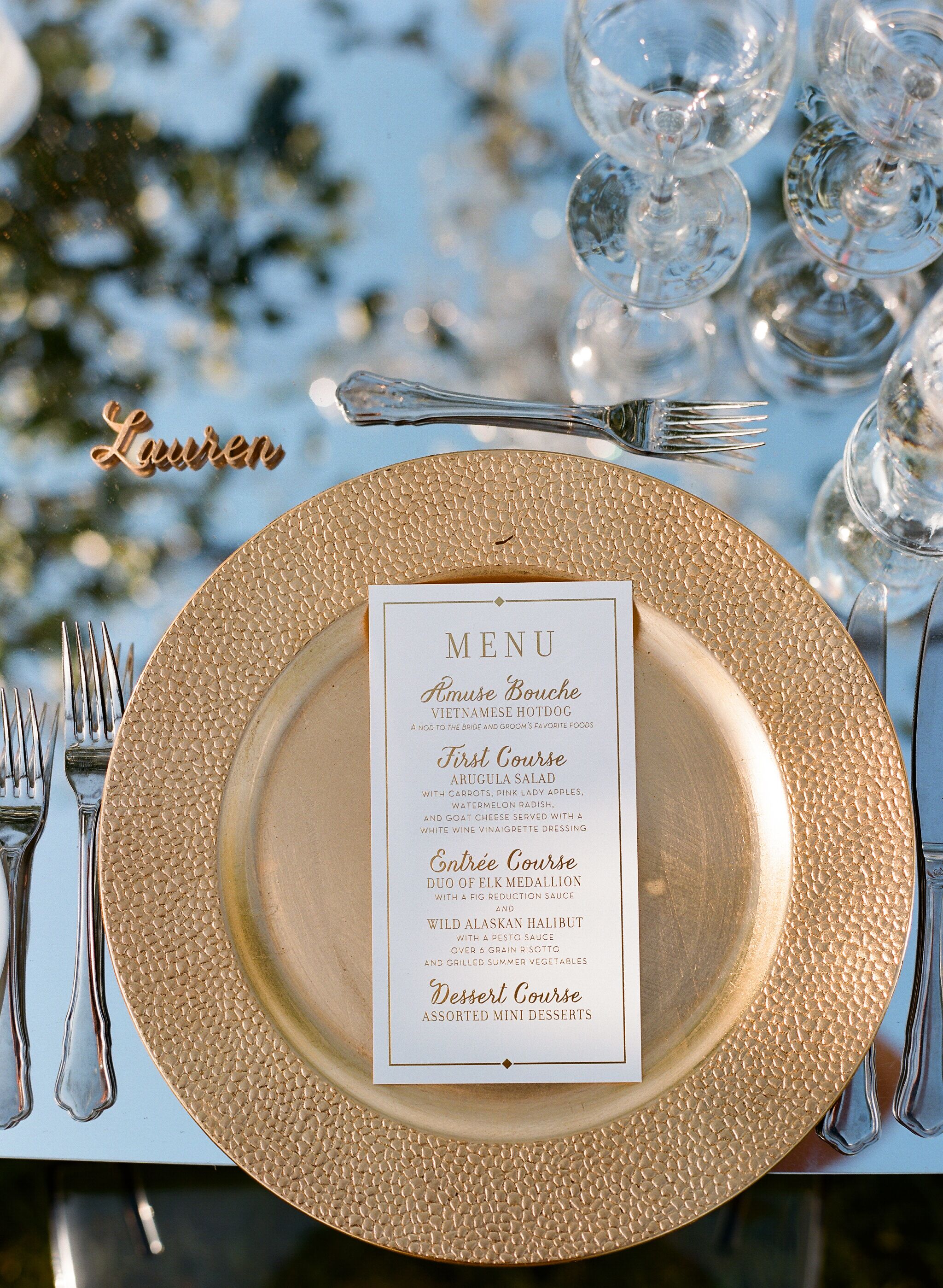 Gold Dinner Plate on Mirrored Table