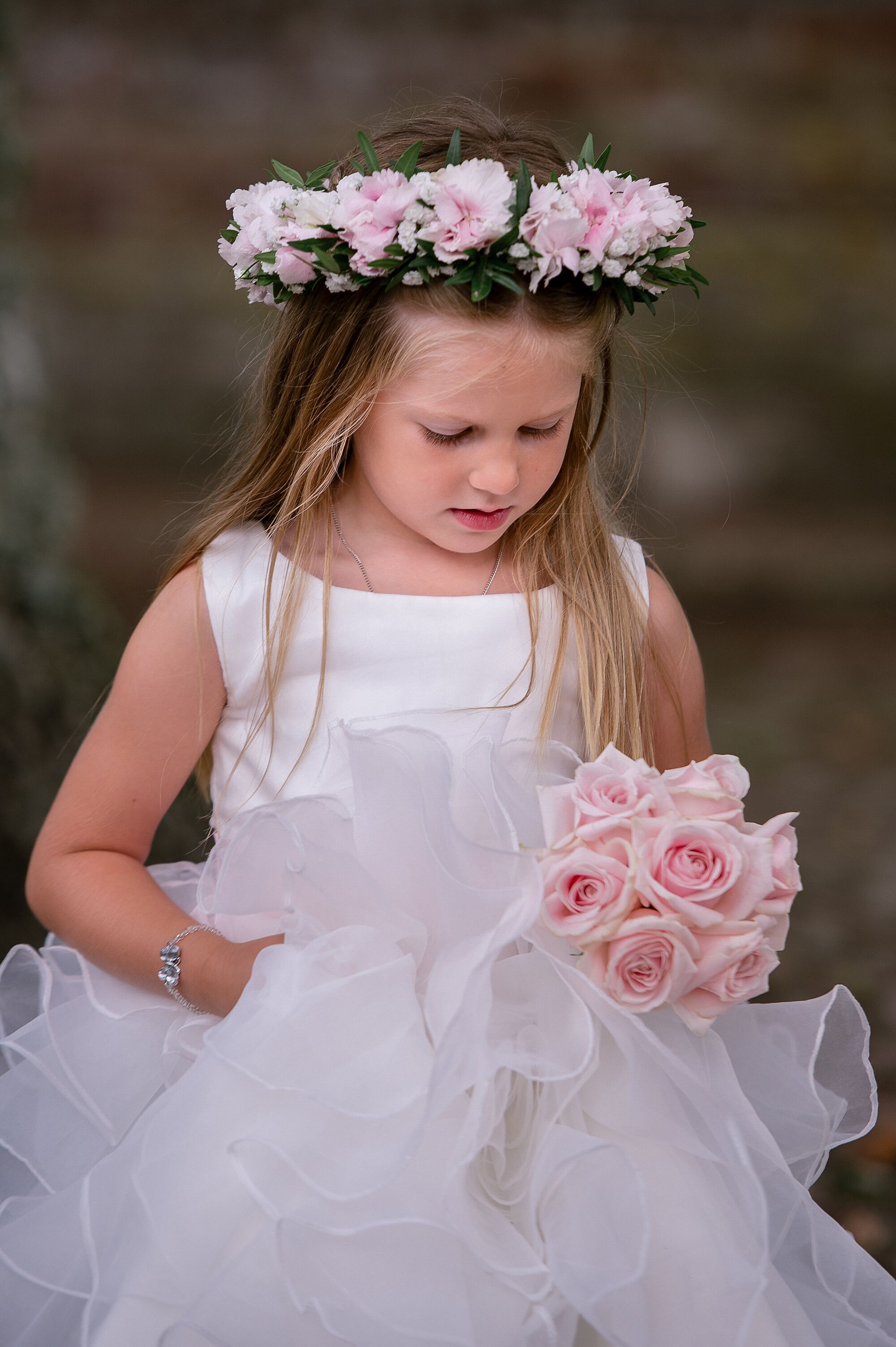 Custom White Flower Girl Dress with Blush Floral Crown