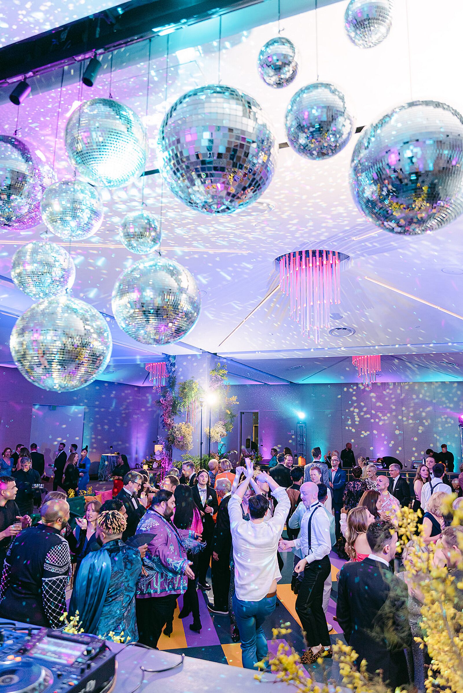 Reception With Disco Balls and Colorful Uplighting, Formal Guests