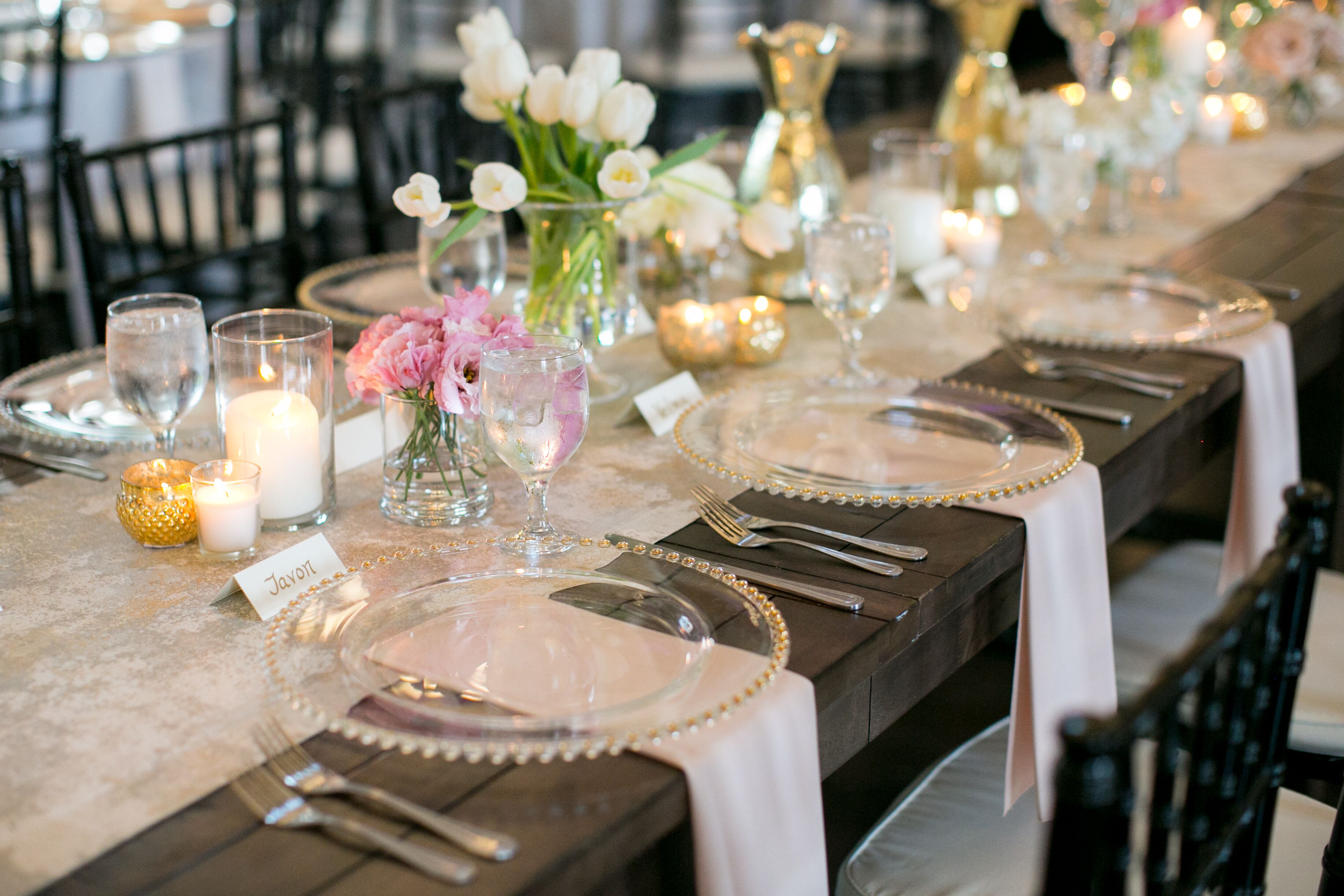 Gold Beaded Dinnerware and Rustic Farm Tables