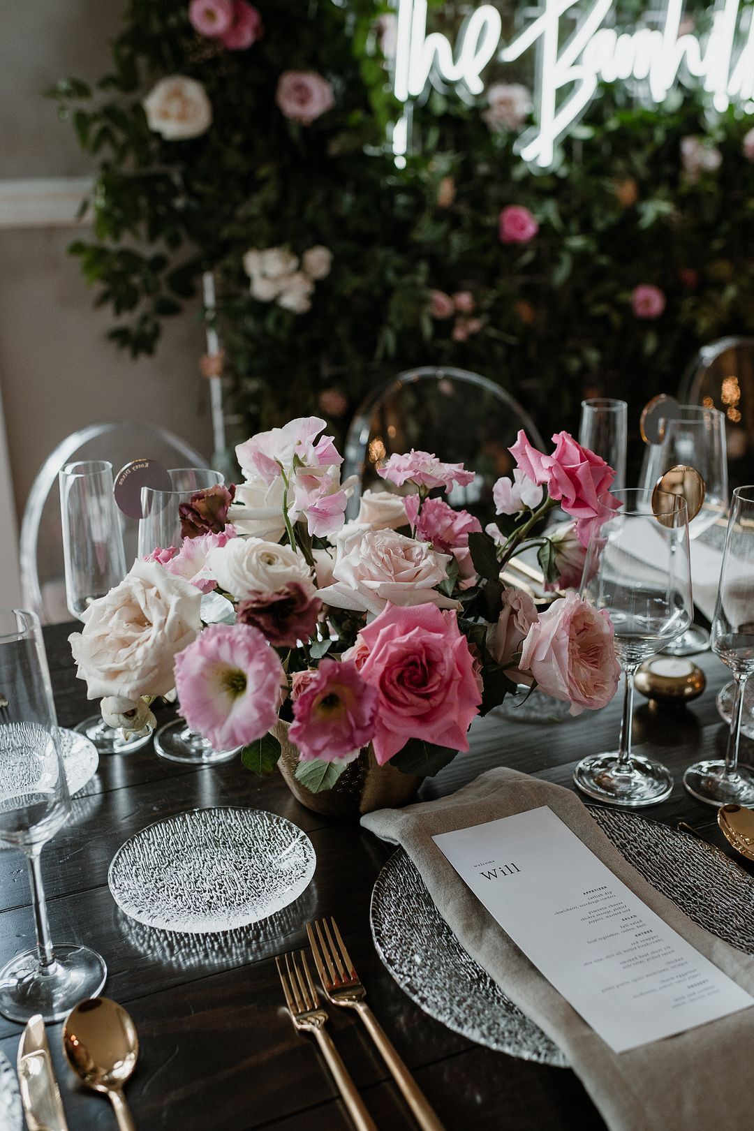 Classic Dining Table and Centerpieces of Pink Roses