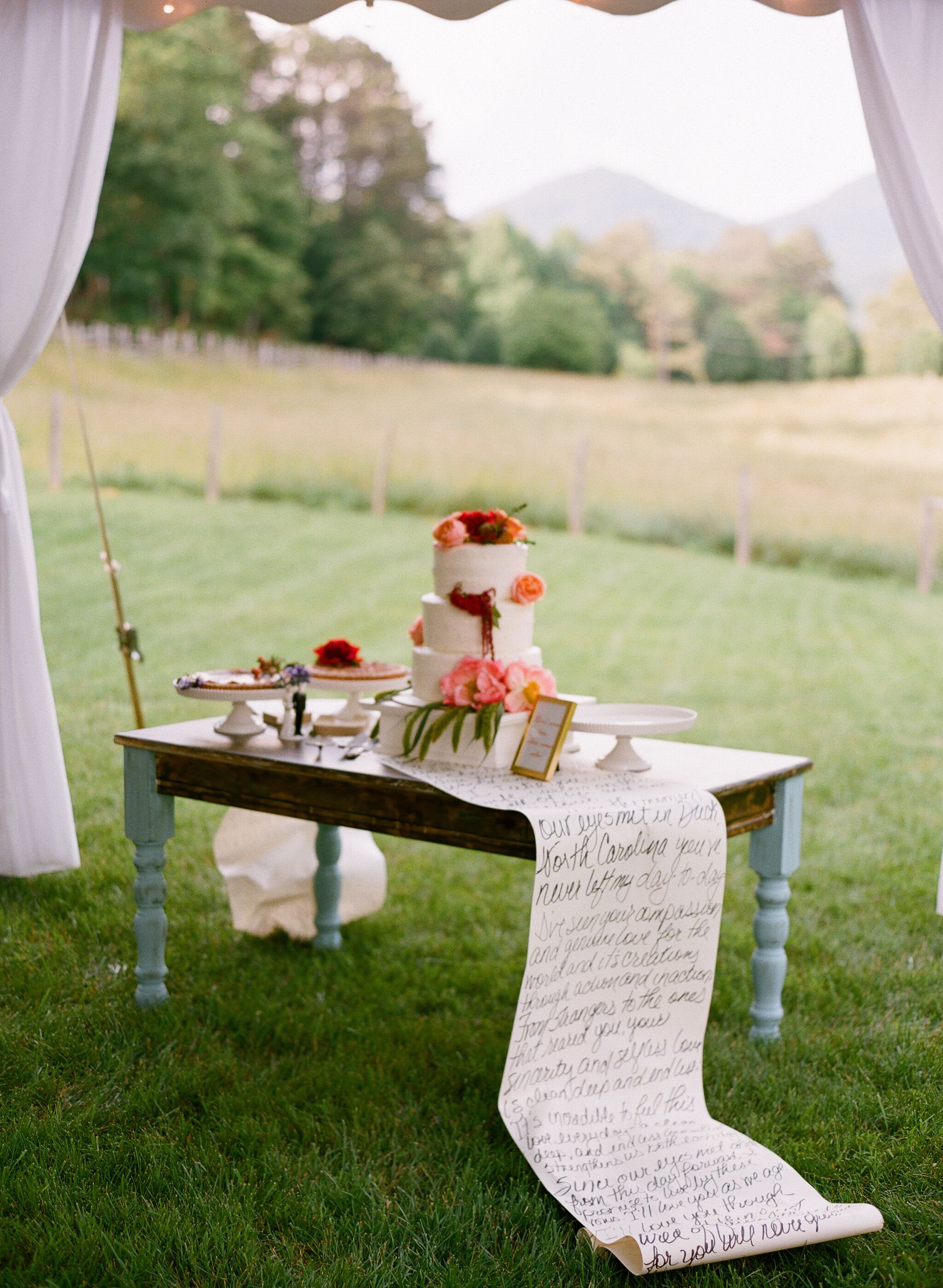 Wedding Cake Table With Handwritten Scroll Table Runner