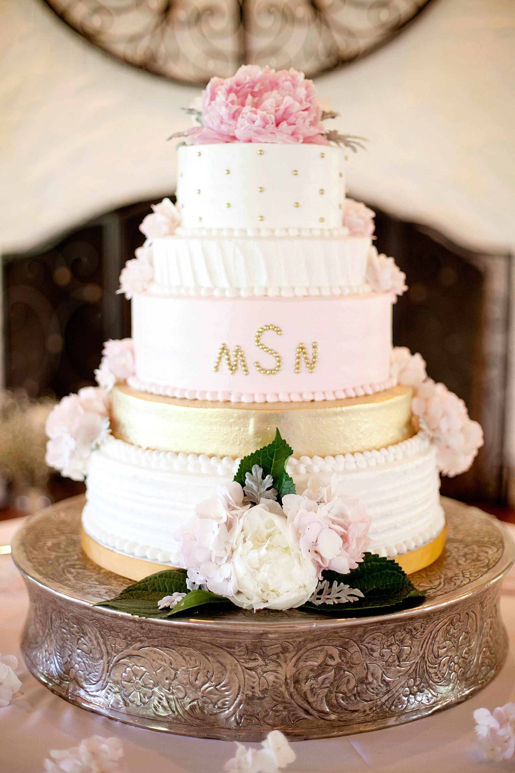 Three Tier Blush and Gold Wedding Cake