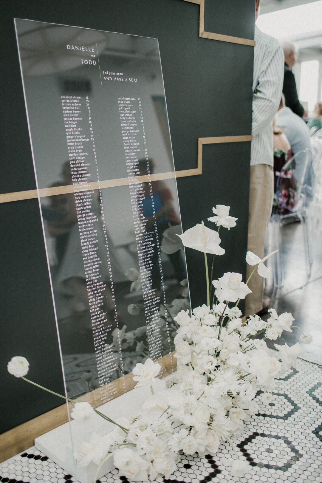 An Acrylic Seating Chart Directed Wedding Guests to Sleek Dining Tables
