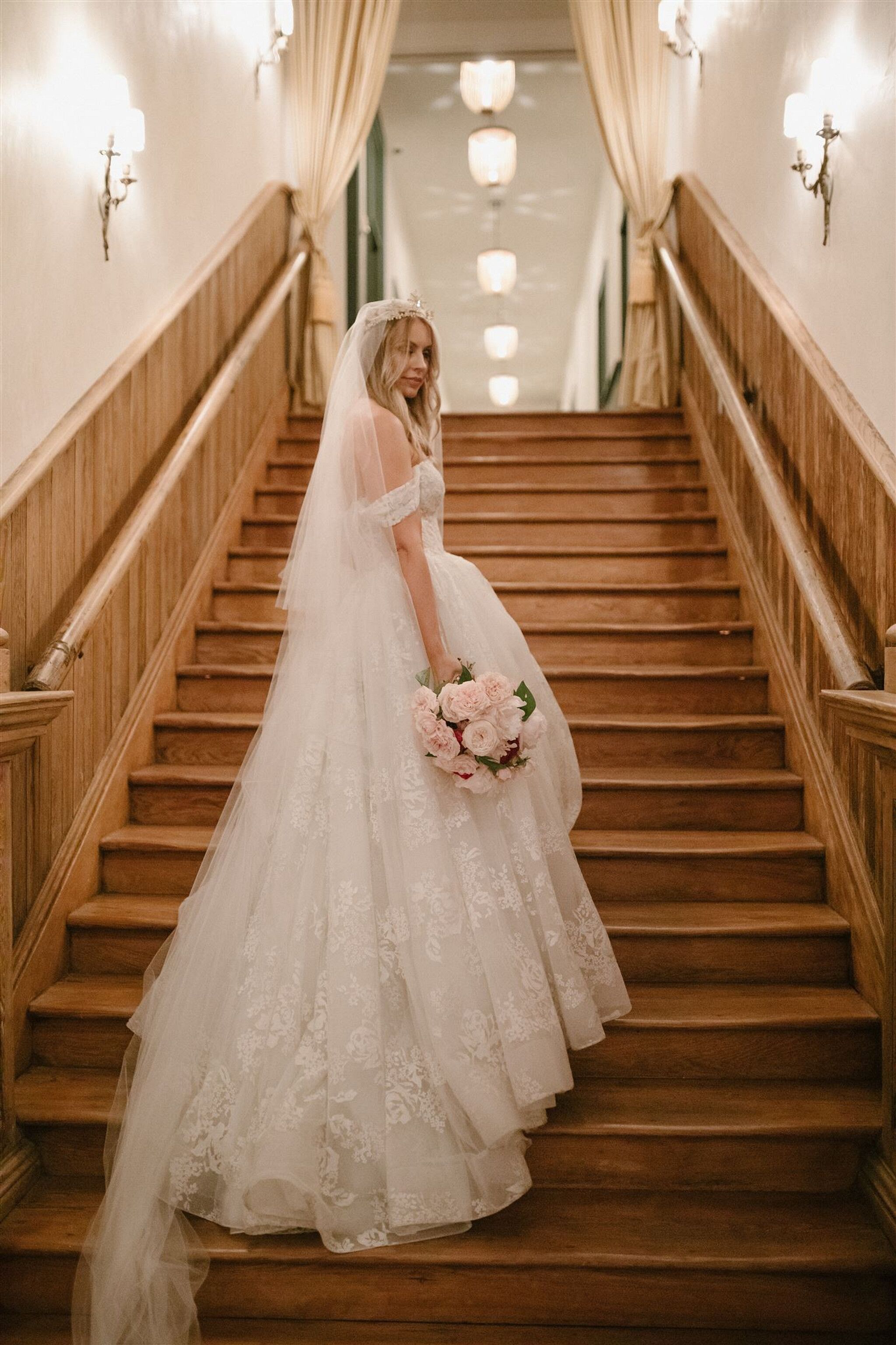 Bride in Full-Skirt, Off-the-Shoulder, A-Line Gown With Lace Details ...