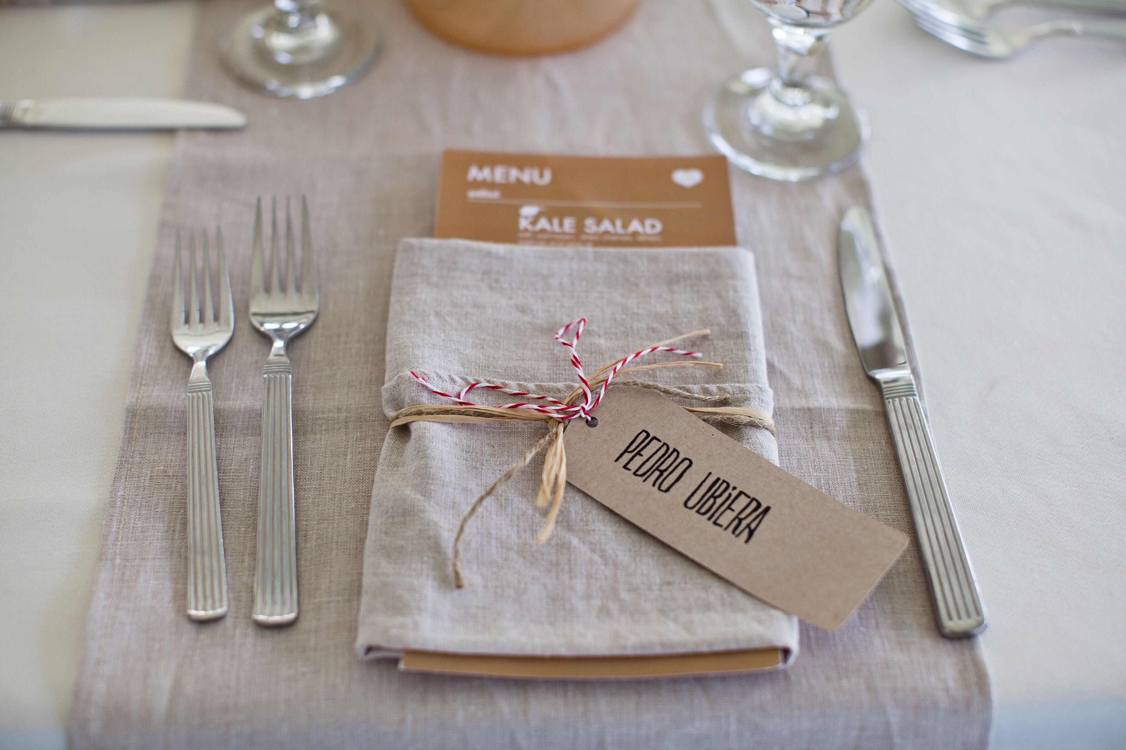 Rustic Brown Place Cards with Burlap Linen Napkins