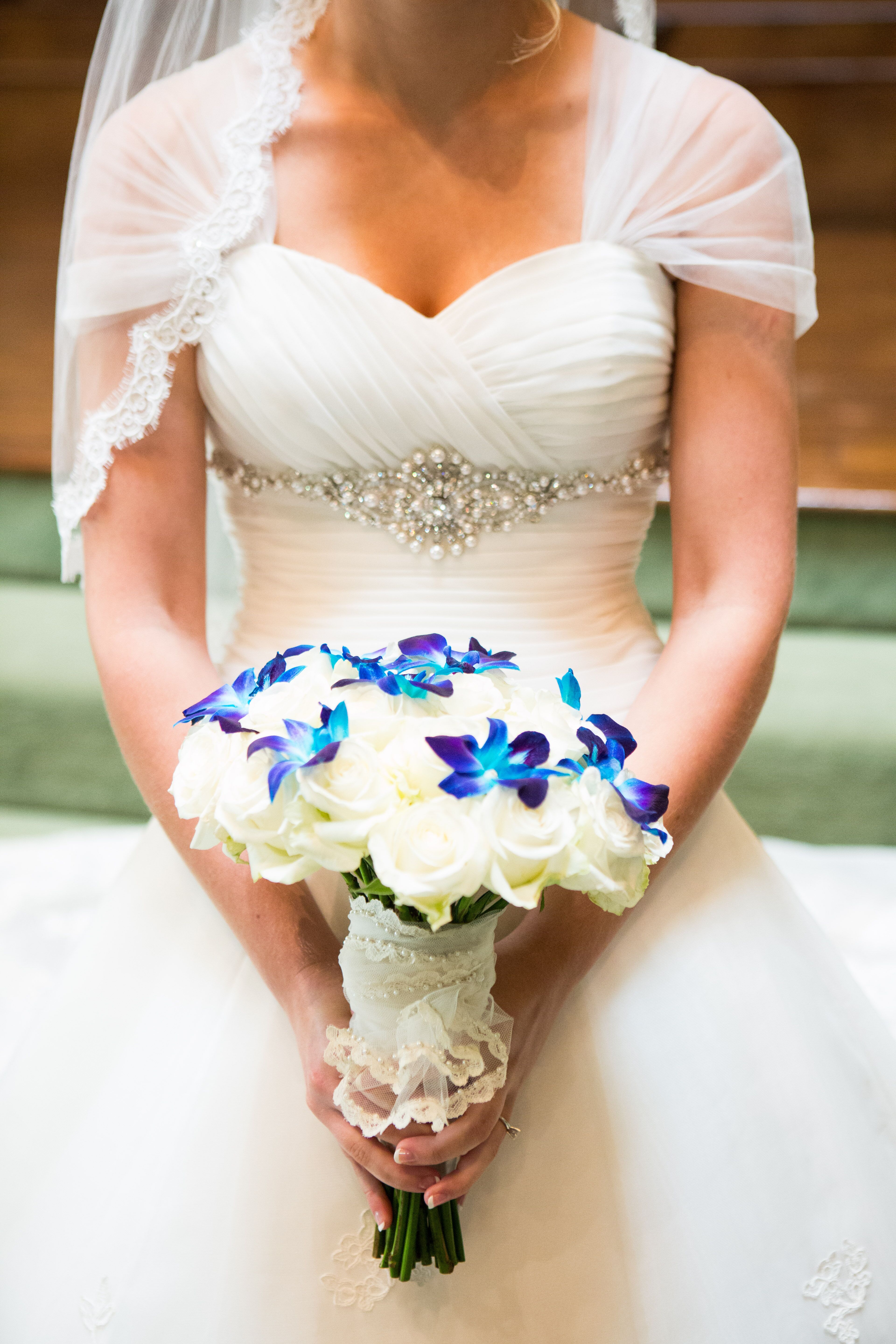 White Bridal Bouquet with Blue Cymbidium Orchids