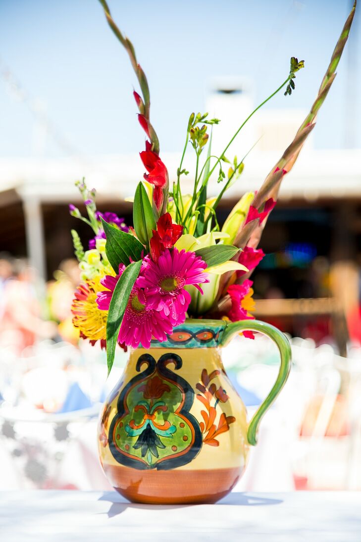 Painted Pitchers as Vases for Centerpieces