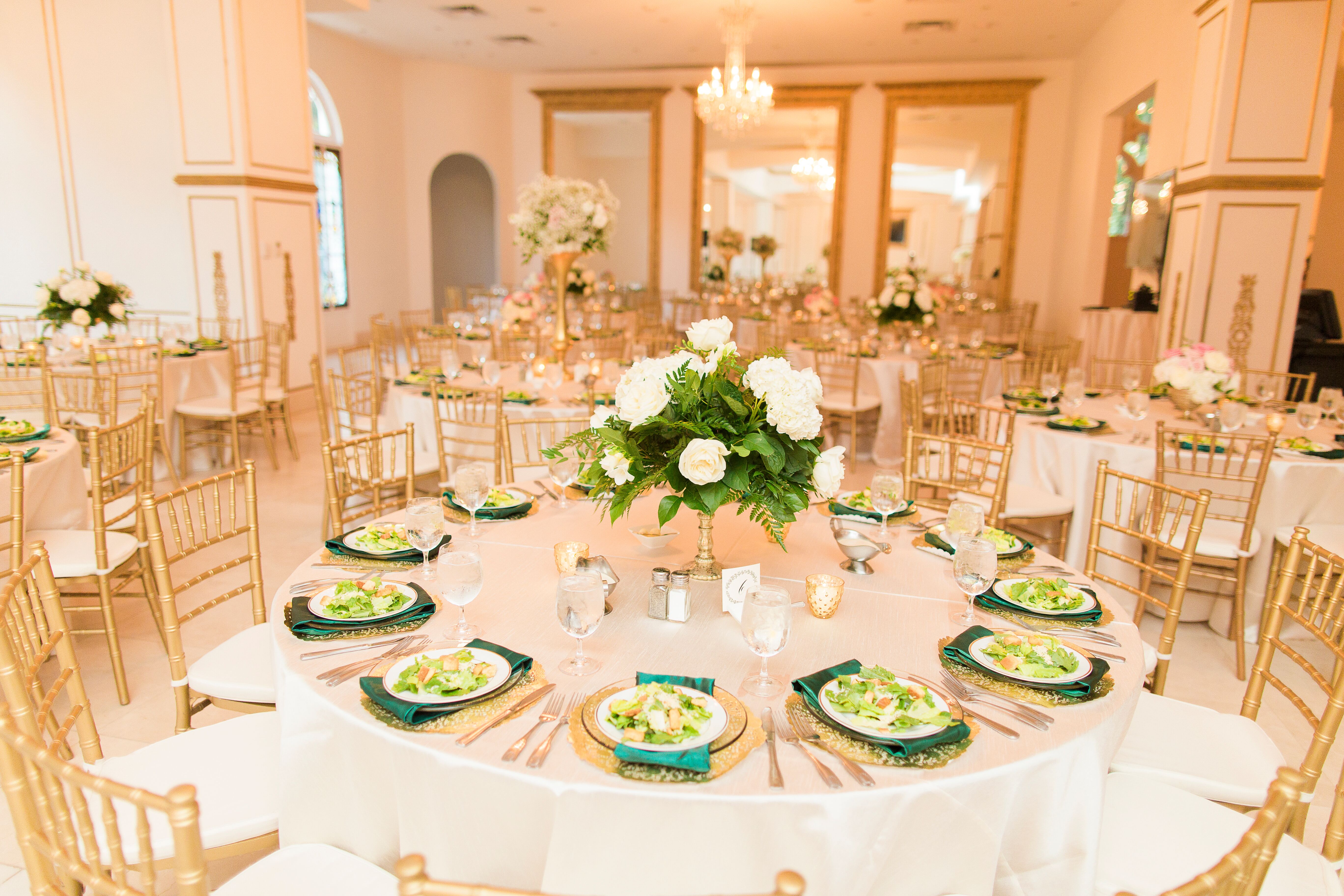 Gold And White Reception Decor With Pops Of Emerald Green