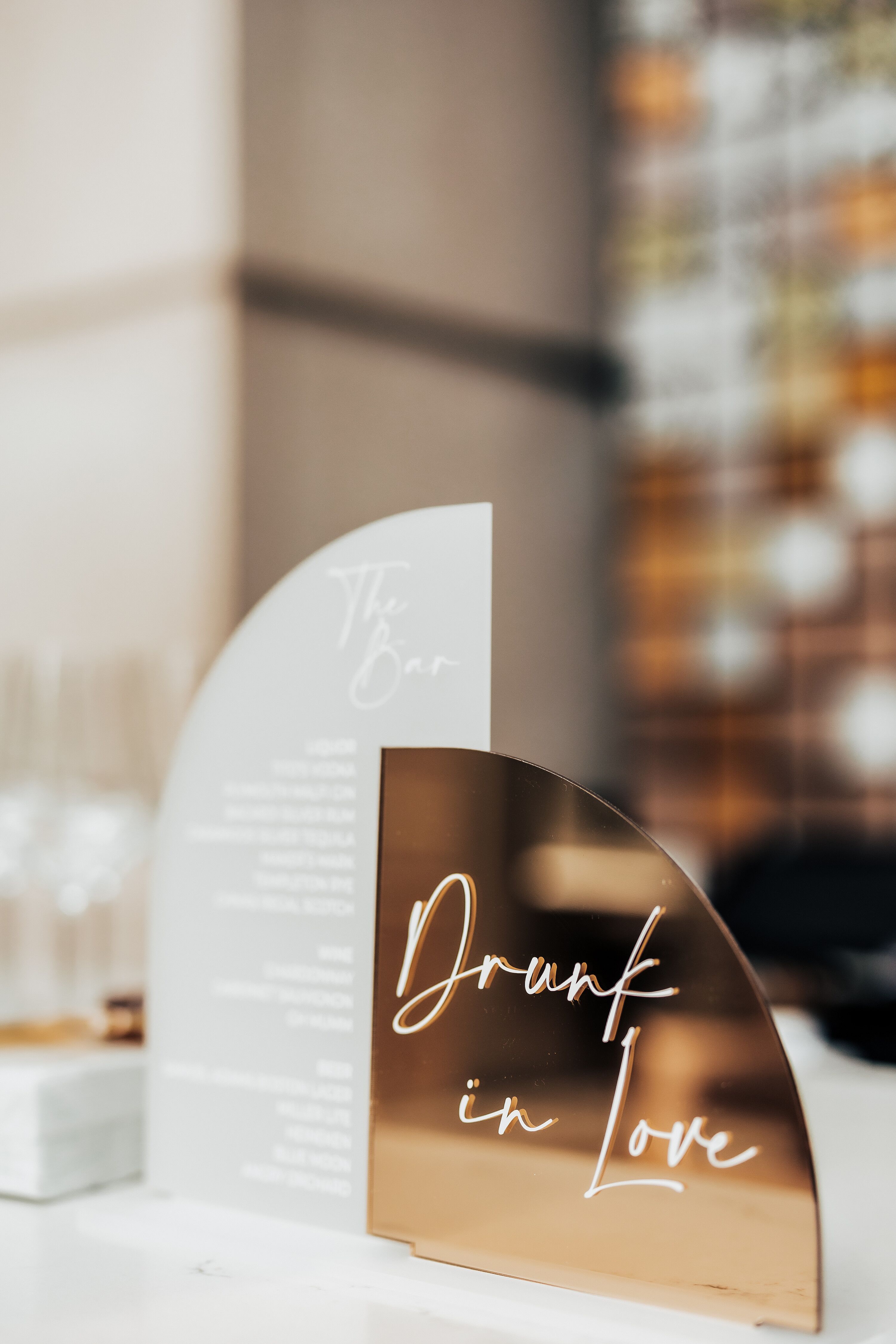 Custom Modern White-and-Gold Bar Menu at Luxurious Reception