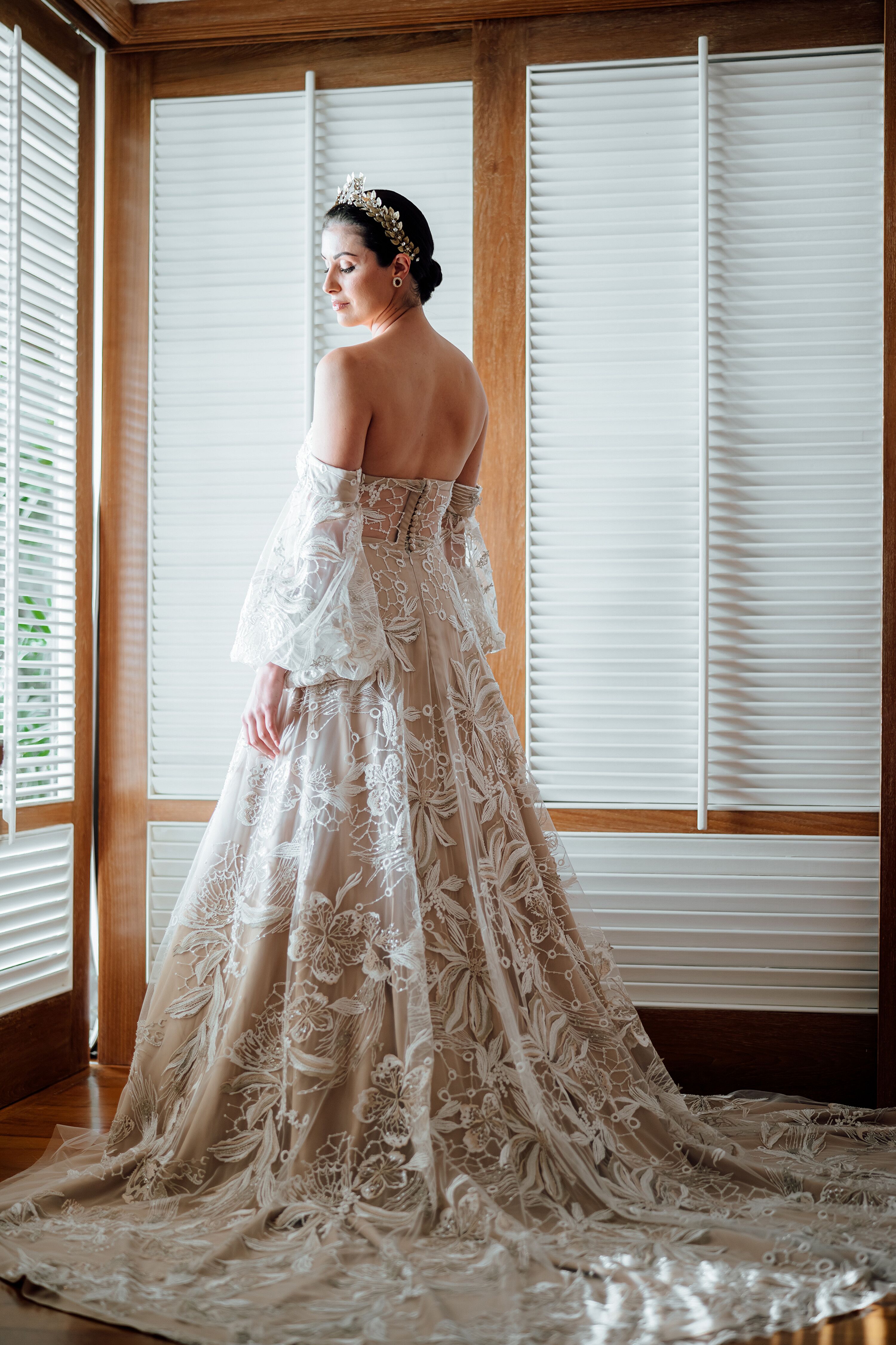 Bride in Whimsical, Off-the-Shoulder Gown With Champagne-Color Underlay ...