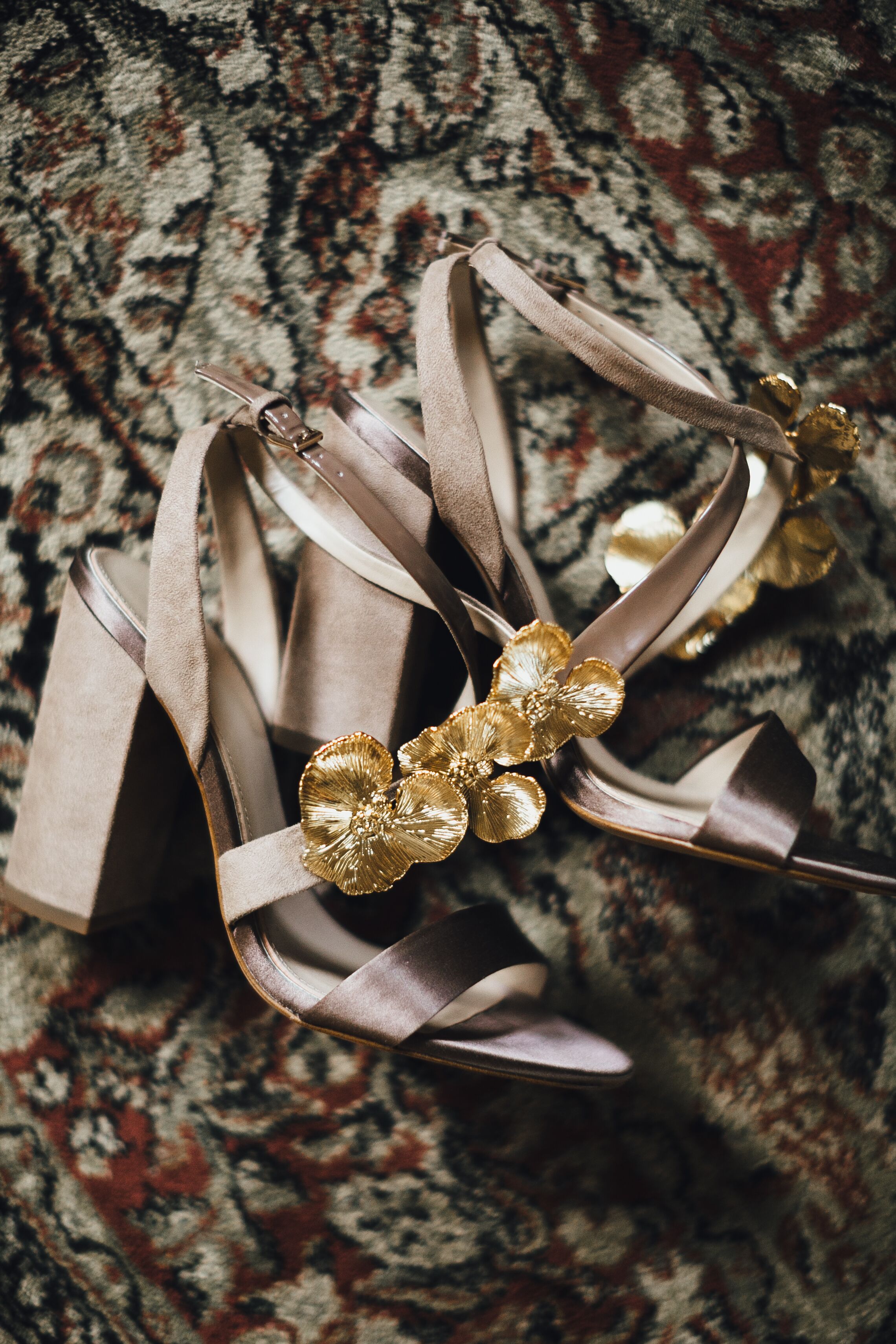 Silver Heels with Gold Floral Appliques