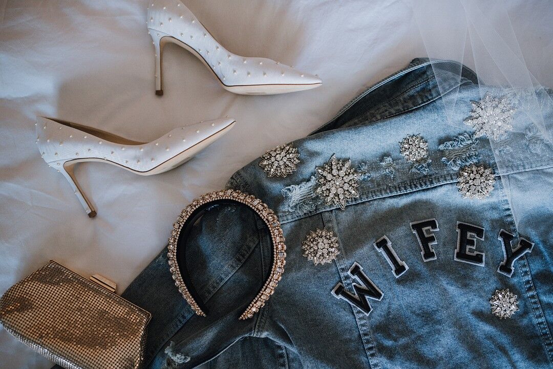 Elegant White Heels and Personalized Denim Jacket