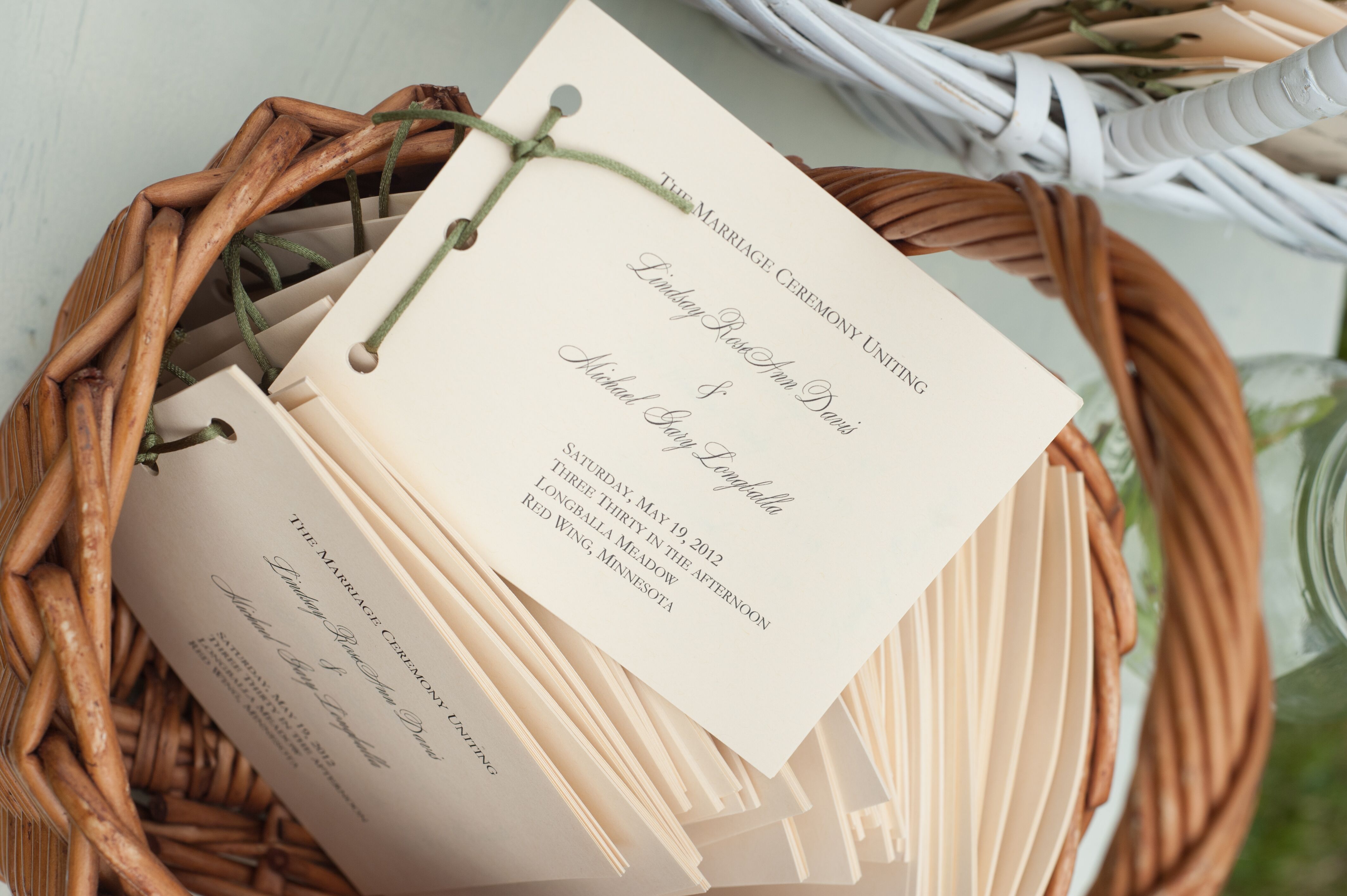 Ivory Ceremony Programs with Green Tie