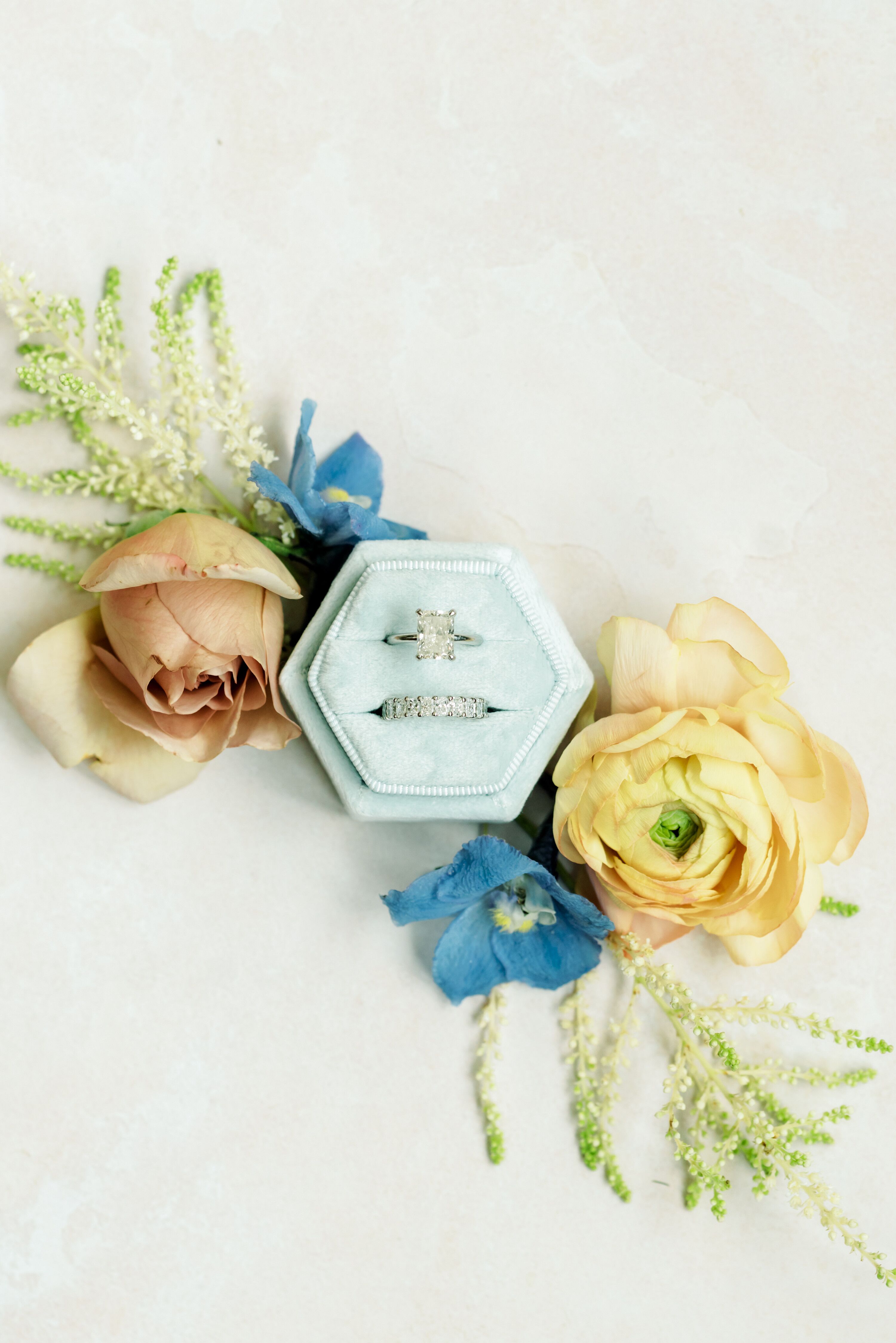 Pale Blue Velvet Ring Box With Diamond-Studded Wedding Band and ...