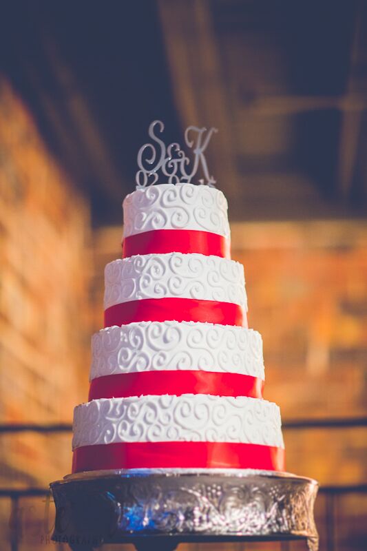Red and White Tiered Wedding Cake