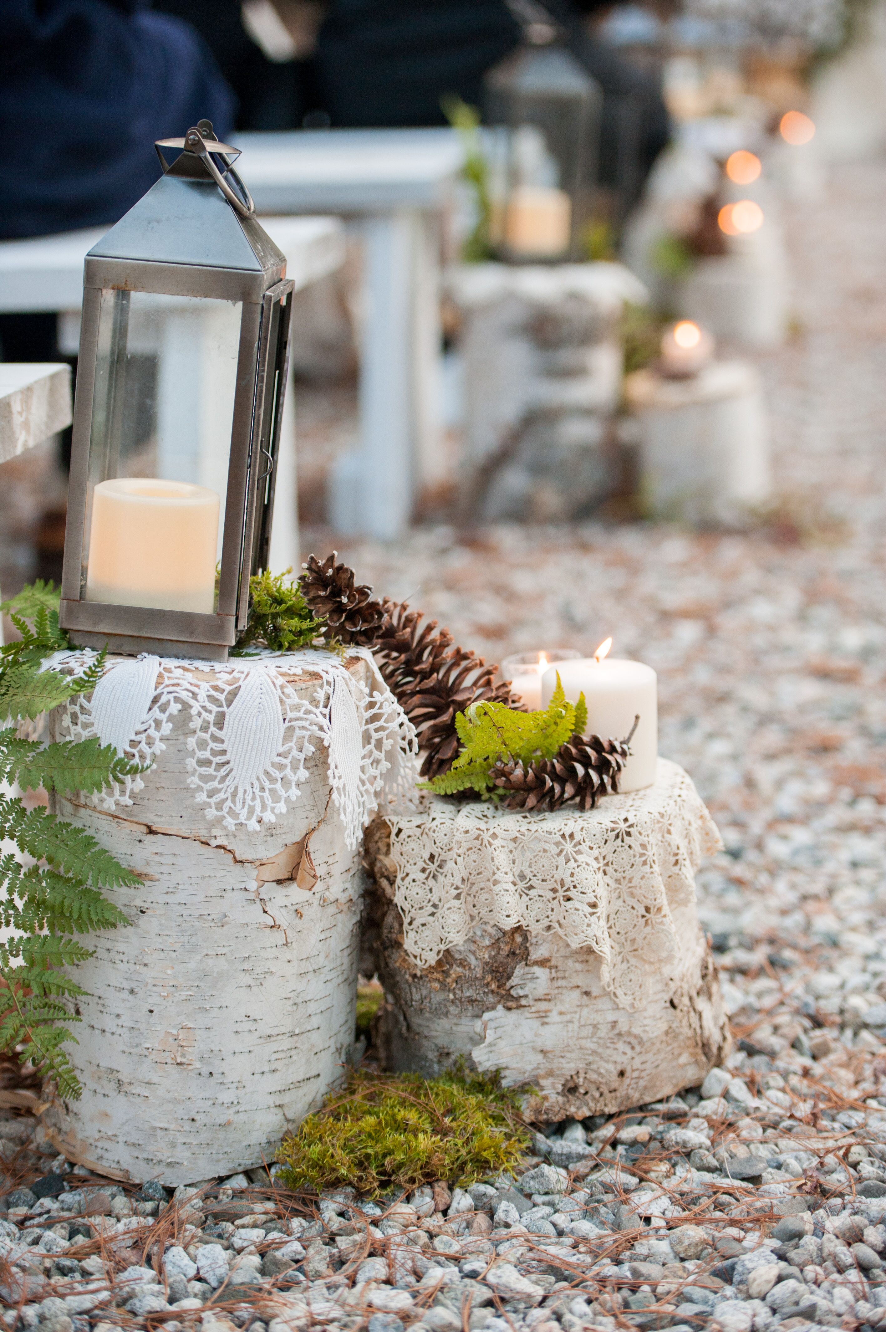 Birch Log and Lantern Aisle Markers Birch Log and Lantern Aisle Markers