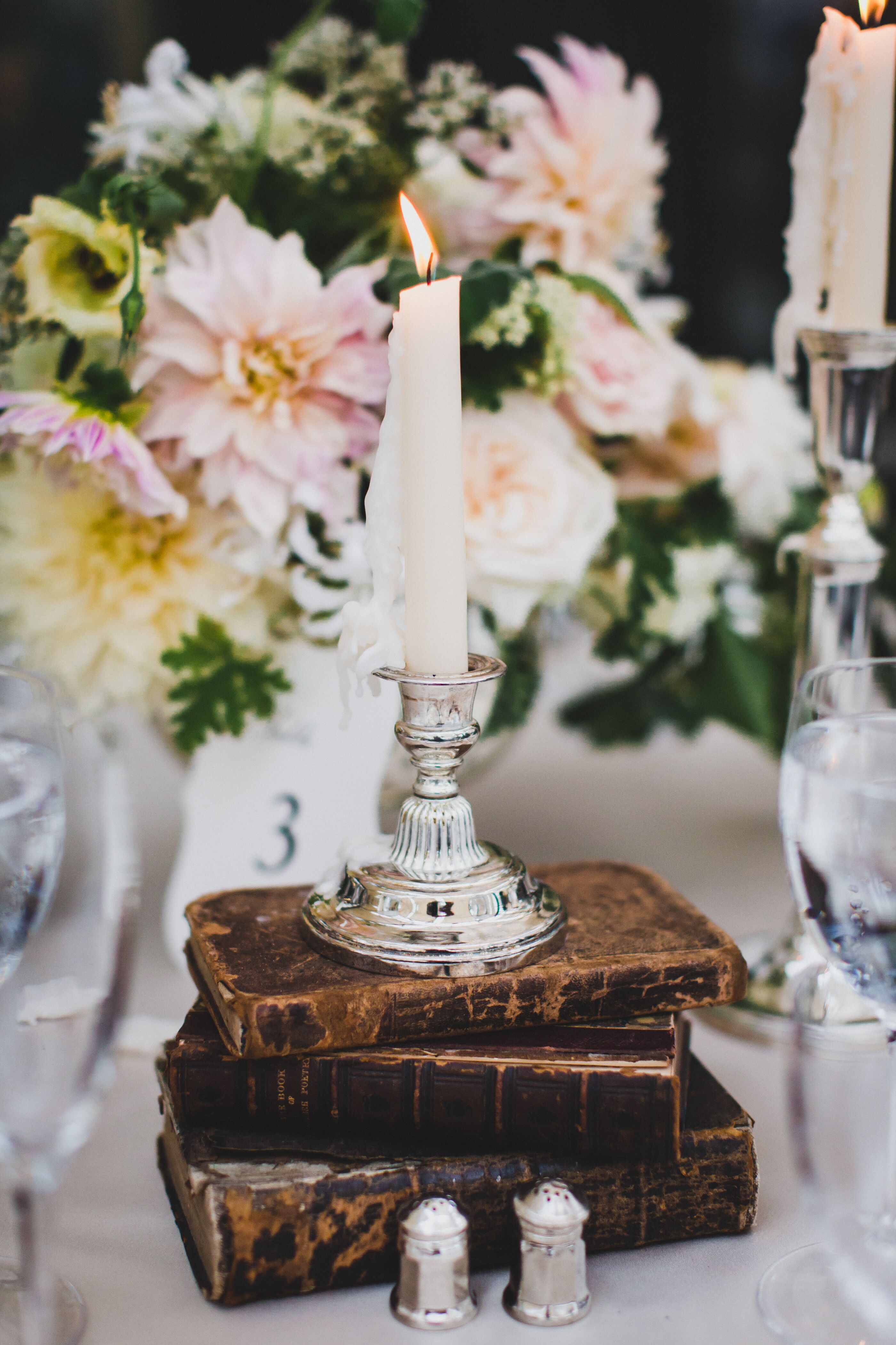 Vintage Tablescape with Stacked Books