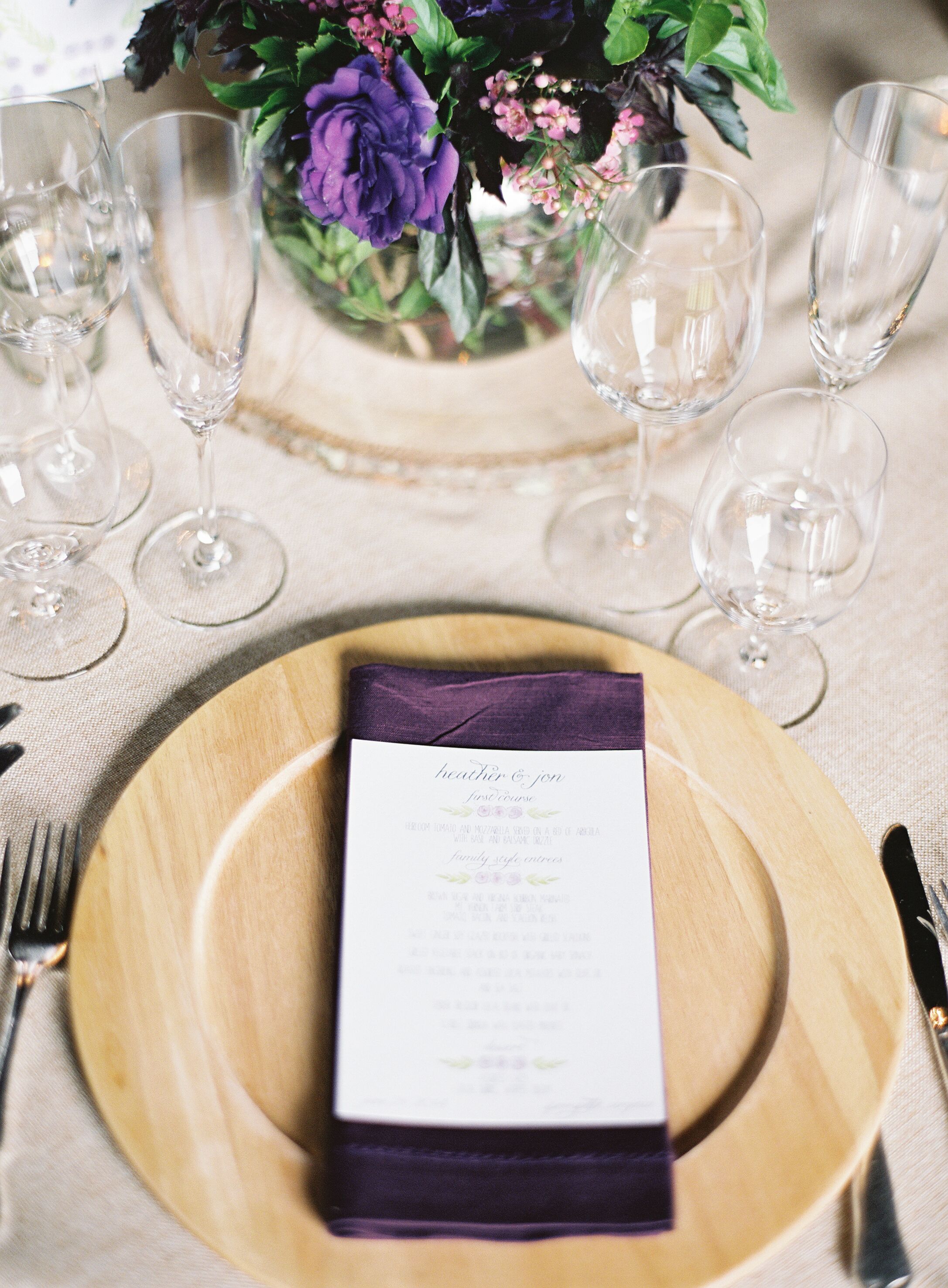 Wood Chargers, Dark Purple Linens and Stylized Menus