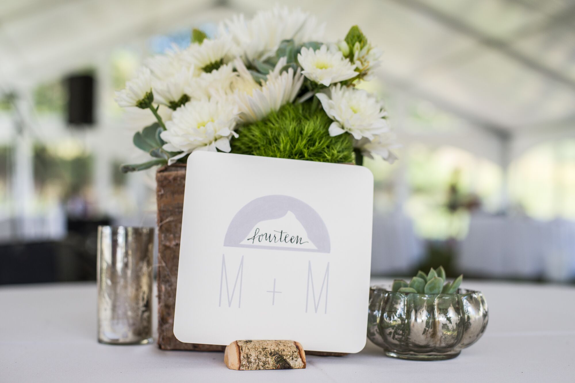 Mum and Succulent Centerpiece and Printed Table Numbers