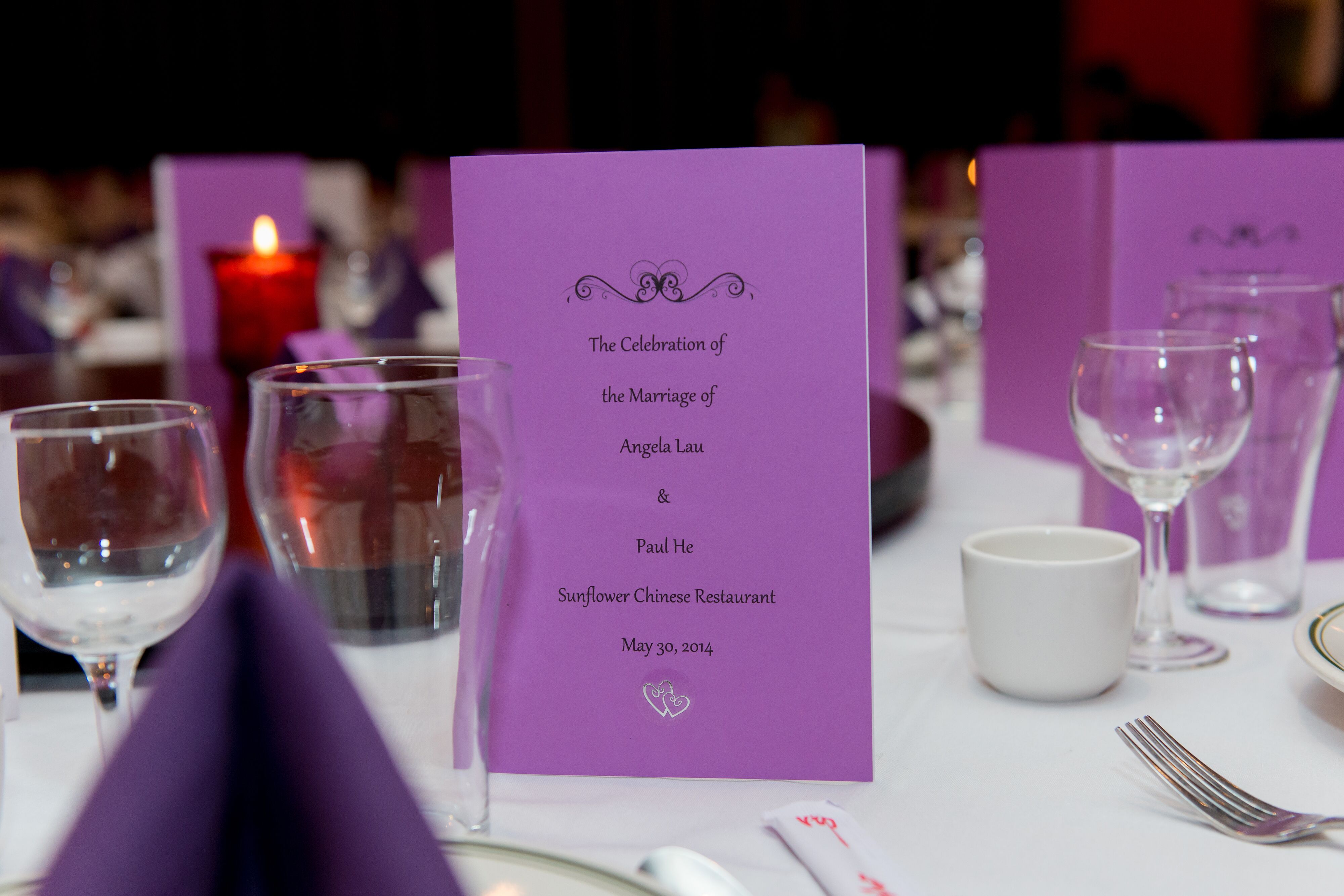 Purple Wedding Card on Reception Table