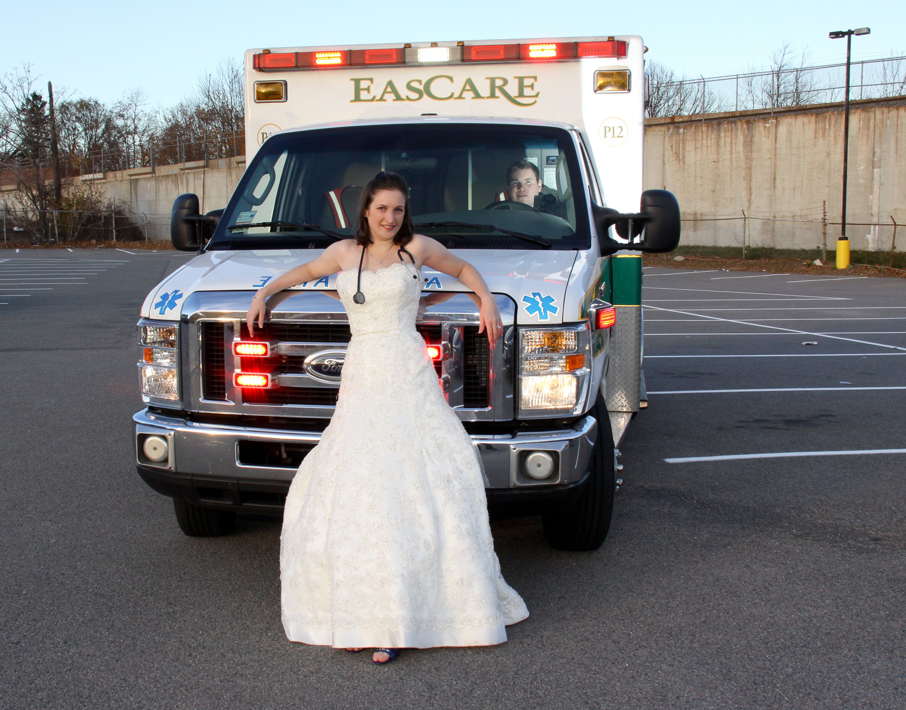 Bride and Groom with Ambulance in Massachusetts