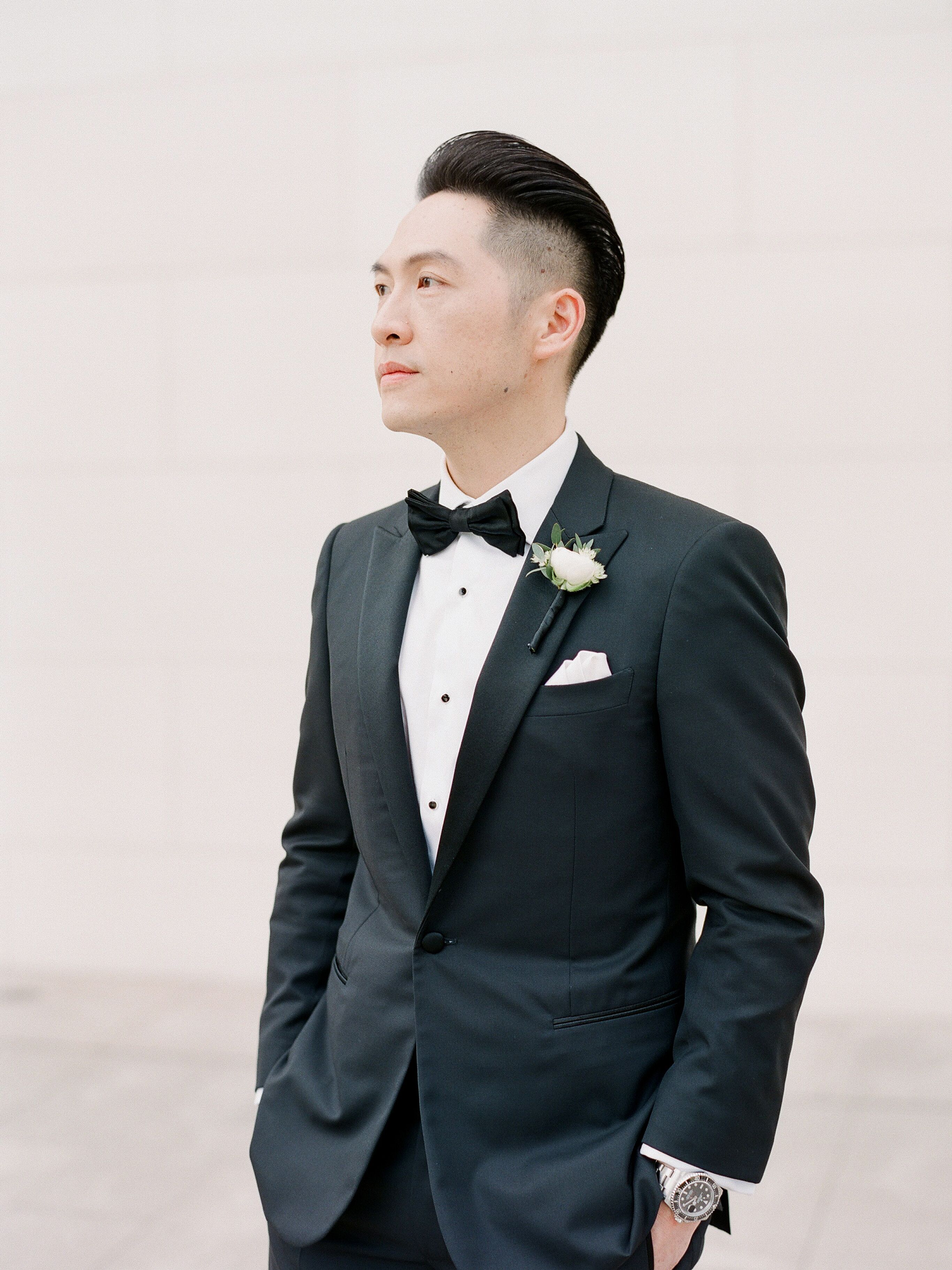 Groom in Tux at Segerstrom Center for the Arts in Costa Mesa, California