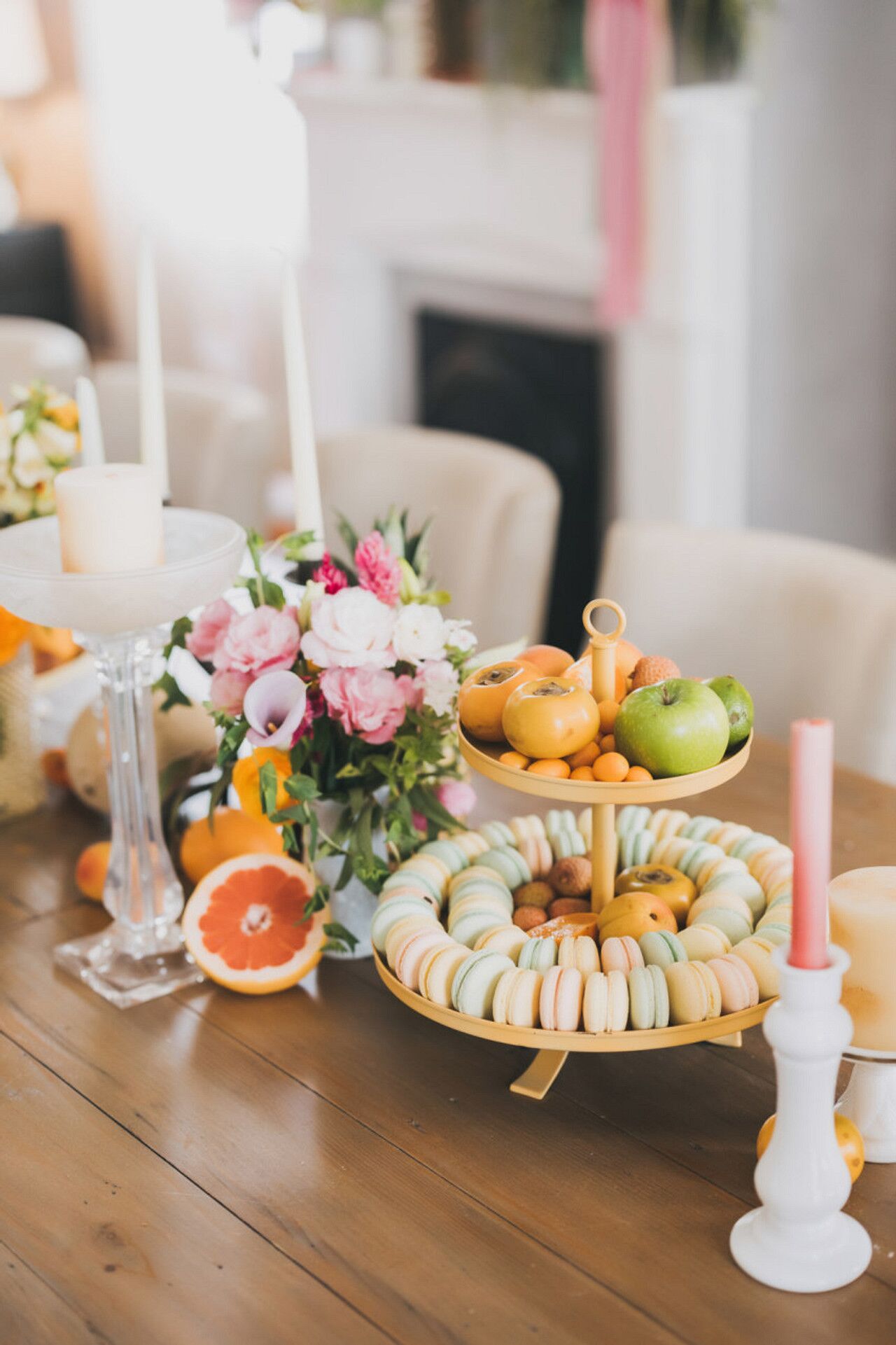 Colorful Macarons, Citrus Fruit and Spring Floral Centerpieces at ...