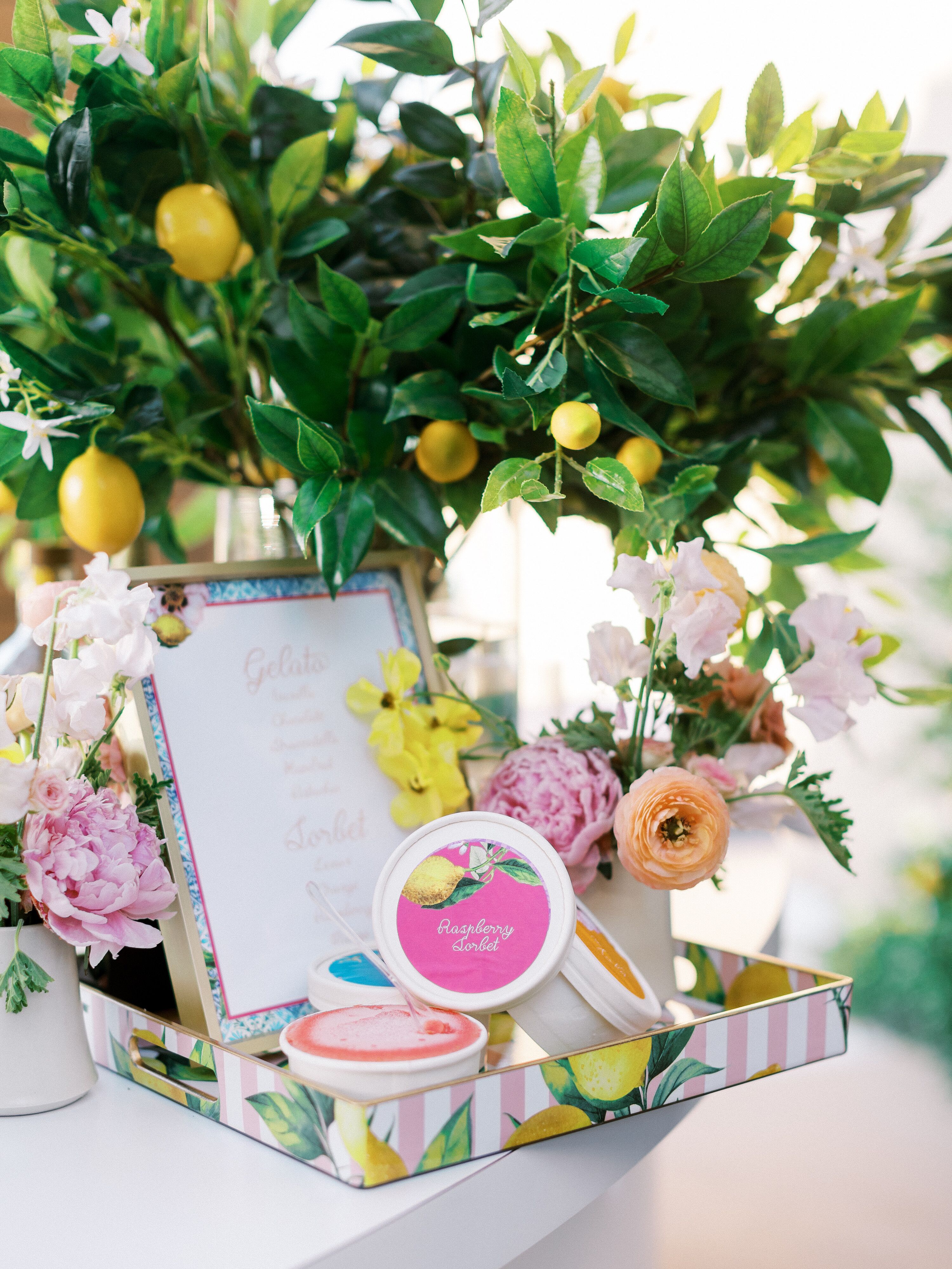 Gelato and Sorbet Display With Menu, Flowers and Lemons at Italian ...