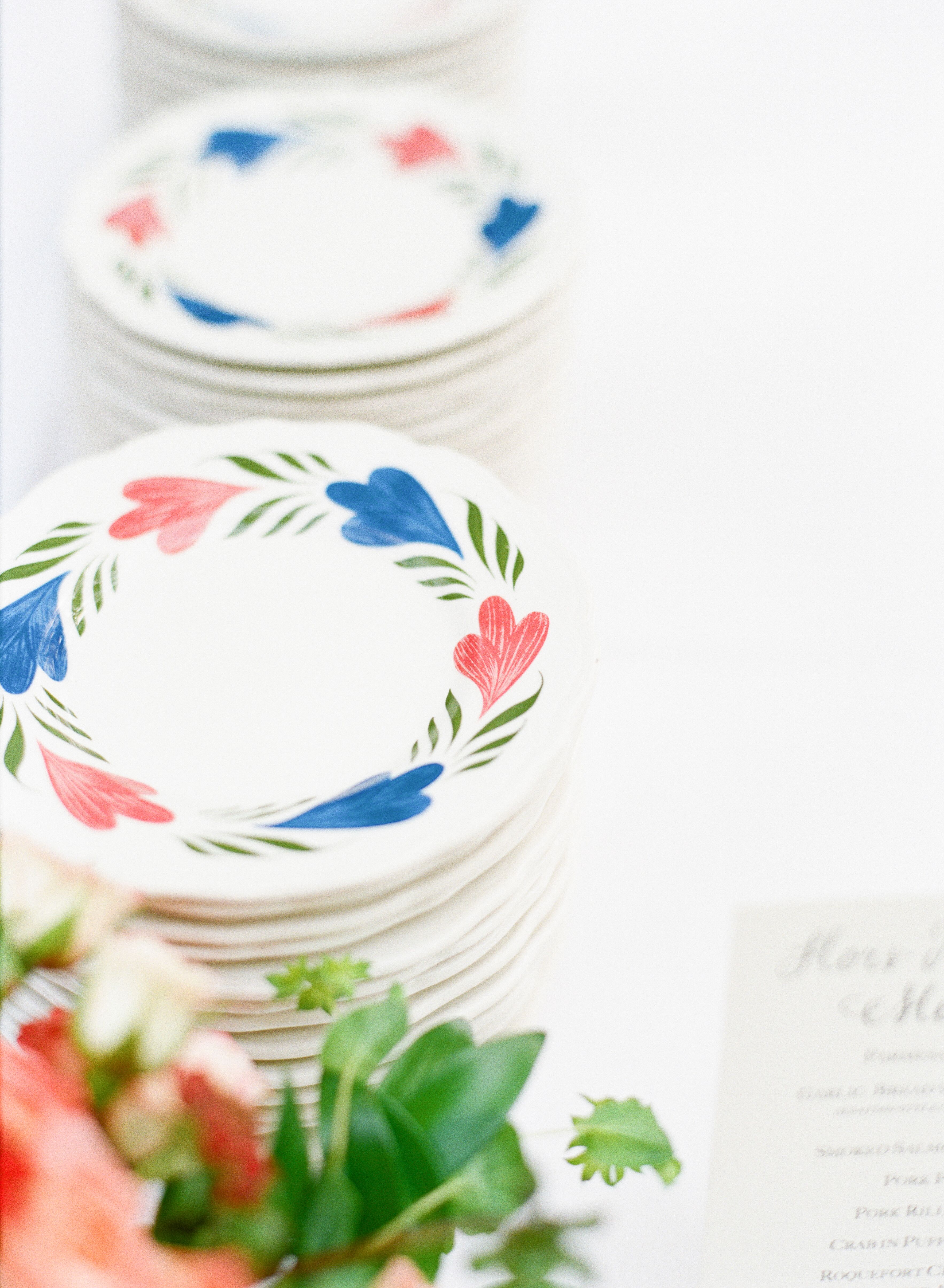 Vintage Style Plates with Red, Navy and Green Floral Print